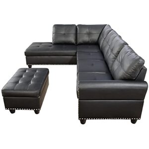 Devion Furniture Faux Leather Sectional Sofa with Ottoman in Black (Pillows Included)