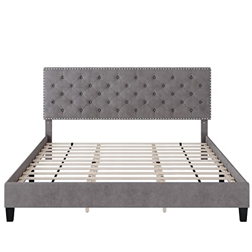 HOSTACK King Size Bed Frame, Modern Upholstered Platform Bed with Adjustable Headboard, Heavy Duty Button Tufted Bed Frame with Wood Slat Support, Easy Assembly, No Box Spring Needed (Grey, King)