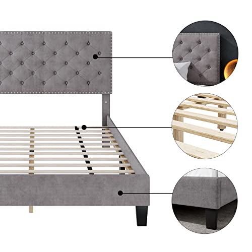 HOSTACK King Size Bed Frame, Modern Upholstered Platform Bed with Adjustable Headboard, Heavy Duty Button Tufted Bed Frame with Wood Slat Support, Easy Assembly, No Box Spring Needed (Grey, King)