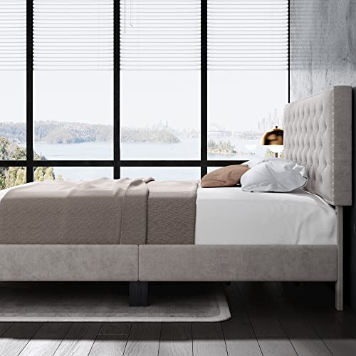 HOSTACK King Size Bed Frame, Modern Upholstered Platform Bed with Adjustable Headboard, Heavy Duty Button Tufted Bed Frame with Wood Slat Support, Easy Assembly, No Box Spring Needed (Grey, King)