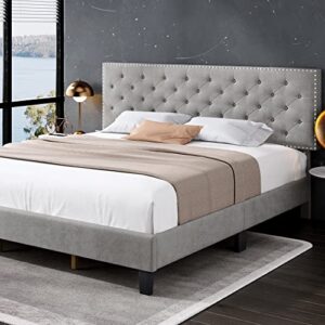 HOSTACK King Size Bed Frame, Modern Upholstered Platform Bed with Adjustable Headboard, Heavy Duty Button Tufted Bed Frame with Wood Slat Support, Easy Assembly, No Box Spring Needed (Grey, King)