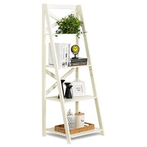 zenoddly ladder shelf white ladder bookshelf, 56.3in tall standing ladder shelves for living room bathroom furniture bedroom display shelf, wooden leaning bookshelf ladder bookcase plant shelf indoor