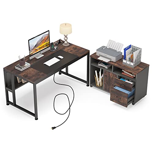 Tribesigns 55 inches Executive Desk with File Cabinet and Power Outlet,L-Shaped Computer Credenza Desk, Home Offices Desk with Drawers and Shelves, Rusitc Business Furniture Set