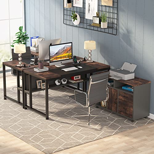 Tribesigns 55 inches Executive Desk with File Cabinet and Power Outlet,L-Shaped Computer Credenza Desk, Home Offices Desk with Drawers and Shelves, Rusitc Business Furniture Set