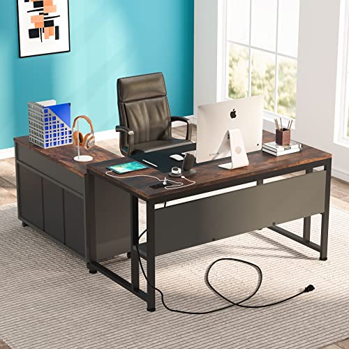 Tribesigns 55 inches Executive Desk with File Cabinet and Power Outlet,L-Shaped Computer Credenza Desk, Home Offices Desk with Drawers and Shelves, Rusitc Business Furniture Set