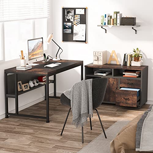 Tribesigns 55 inches Executive Desk with File Cabinet and Power Outlet,L-Shaped Computer Credenza Desk, Home Offices Desk with Drawers and Shelves, Rusitc Business Furniture Set