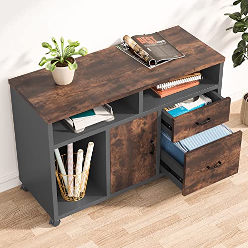 Tribesigns 55 inches Executive Desk with File Cabinet and Power Outlet,L-Shaped Computer Credenza Desk, Home Offices Desk with Drawers and Shelves, Rusitc Business Furniture Set