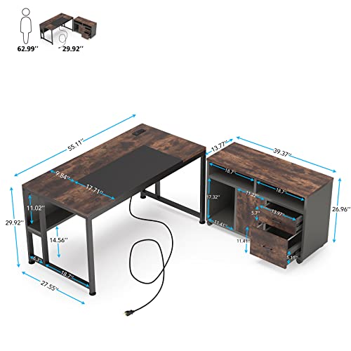 Tribesigns 55 inches Executive Desk with File Cabinet and Power Outlet,L-Shaped Computer Credenza Desk, Home Offices Desk with Drawers and Shelves, Rusitc Business Furniture Set