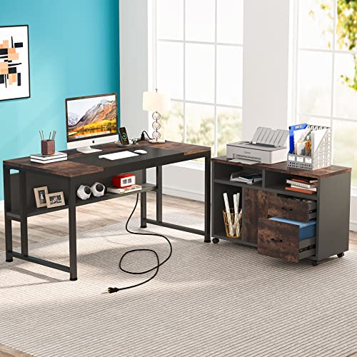 Tribesigns 55 inches Executive Desk with File Cabinet and Power Outlet,L-Shaped Computer Credenza Desk, Home Offices Desk with Drawers and Shelves, Rusitc Business Furniture Set