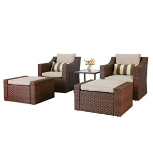 solaura 5 piece patio conversation set outdoor furniture set, brown wicker lounge chair with ottoman footrest, w/coffee table & cushions (beige) for garden, patio, balcony, deck