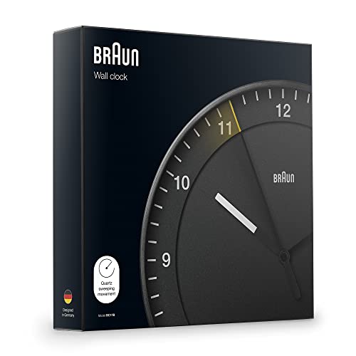 Braun Classic Large Analogue Wall Clock with Silent Sweep Movement, Easy to Read, 30cm Diameter in Black, Model BC17B.