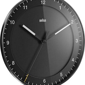 Braun Classic Large Analogue Wall Clock with Silent Sweep Movement, Easy to Read, 30cm Diameter in Black, Model BC17B.