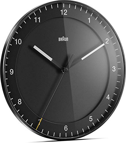 Braun Classic Large Analogue Wall Clock with Silent Sweep Movement, Easy to Read, 30cm Diameter in Black, Model BC17B.