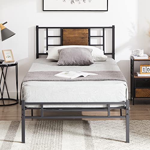 VECELO Twin Size Bed Frame with Wood Headborad, Mattress Foundation, Metal Platform with Steel Slats Support, No Box Spring Needed, Matte Black