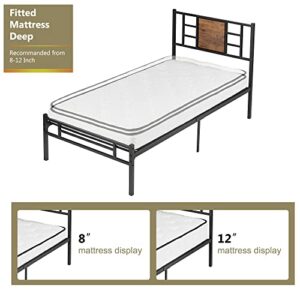 VECELO Twin Size Bed Frame with Wood Headborad, Mattress Foundation, Metal Platform with Steel Slats Support, No Box Spring Needed, Matte Black