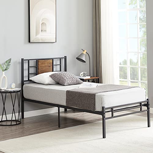 VECELO Twin Size Bed Frame with Wood Headborad, Mattress Foundation, Metal Platform with Steel Slats Support, No Box Spring Needed, Matte Black