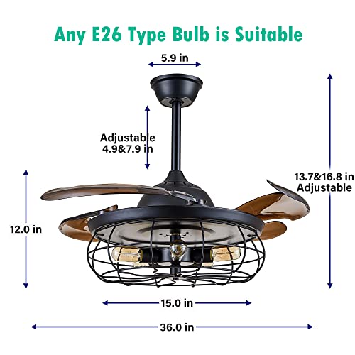 DuMaiWay 36" Caged Ceiling Fan with Lights, Industrial Retro Ceiling Fans with Remote Controller Vintage Style for Farmhouse/Living Room/Bedroom/Restaurant 5 Lights 4 Fan Blades Black