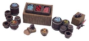 war world gaming fantasy village street market stall and barrels set – 28mm heroic scale wargaming terrain model diorama scenery wargame tabletop medieval battle wargame battleboard