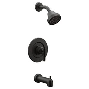 moen gibson matte black pressure balancing eco-performance modern tub and shower trim, featuring single function shower head, shower handle, and tub spout (posi-temp valve required), t2903epbl