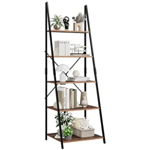 somy 5-tier bookshelf, wood bookcase with metal frame, open ladder shelf, flower standing shelf units storage rack for home office living room bathroom vintage, rustic brown