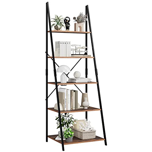 SOMY 5-Tier Bookshelf, Wood Bookcase with Metal Frame, Open Ladder Shelf, Flower Standing Shelf Units Storage Rack for Home Office Living Room Bathroom Vintage, Rustic Brown