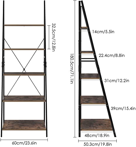 SOMY 5-Tier Bookshelf, Wood Bookcase with Metal Frame, Open Ladder Shelf, Flower Standing Shelf Units Storage Rack for Home Office Living Room Bathroom Vintage, Rustic Brown