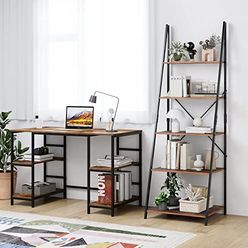 SOMY 5-Tier Bookshelf, Wood Bookcase with Metal Frame, Open Ladder Shelf, Flower Standing Shelf Units Storage Rack for Home Office Living Room Bathroom Vintage, Rustic Brown