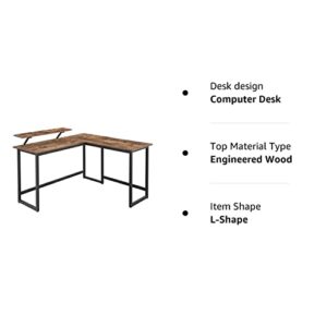 VASAGLE L-Shaped Computer Desk, Industrial Workstation for Home Office Study Writing and Gaming, Space-Saving, Easy Assembly, 55.1”D x 51.2”W, Rustic Brown