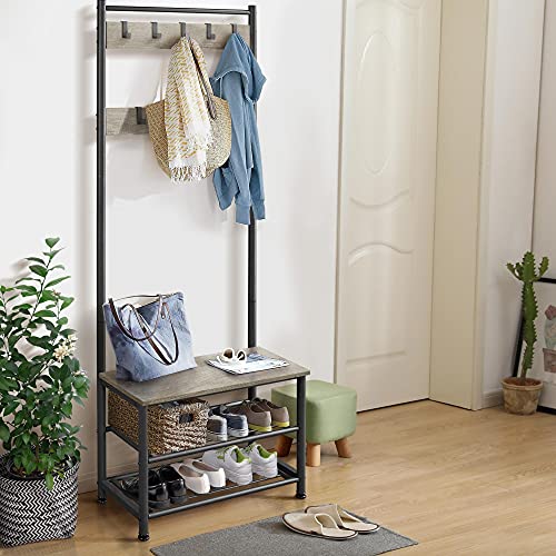 Yaheetech 3-in-1 Hall Tree Coat Rack with Shoe Storage Bench, Entryway Coat Rack Shoe Bench with 9 Movable Hooks, Industrial Accent Furniture with Metal Frame, Easy Assembly, Gray