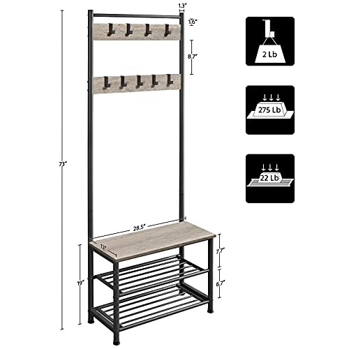 Yaheetech 3-in-1 Hall Tree Coat Rack with Shoe Storage Bench, Entryway Coat Rack Shoe Bench with 9 Movable Hooks, Industrial Accent Furniture with Metal Frame, Easy Assembly, Gray