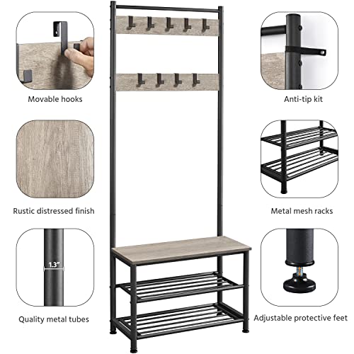 Yaheetech 3-in-1 Hall Tree Coat Rack with Shoe Storage Bench, Entryway Coat Rack Shoe Bench with 9 Movable Hooks, Industrial Accent Furniture with Metal Frame, Easy Assembly, Gray