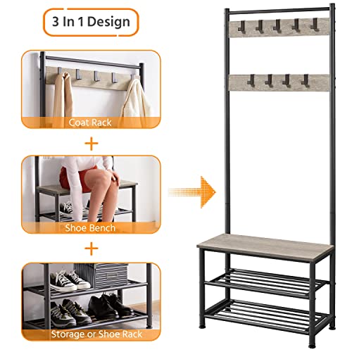 Yaheetech 3-in-1 Hall Tree Coat Rack with Shoe Storage Bench, Entryway Coat Rack Shoe Bench with 9 Movable Hooks, Industrial Accent Furniture with Metal Frame, Easy Assembly, Gray