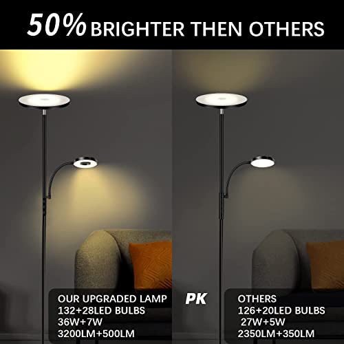 Floor Lamp,Upgraded 42W 3700LM Super Bright LED Torchiere Living Room Lamp with Adjustable Reading Light,Dimmable Modern Standing Lamp with Remote & Touch Control for Room Bedroom Office Floor Light