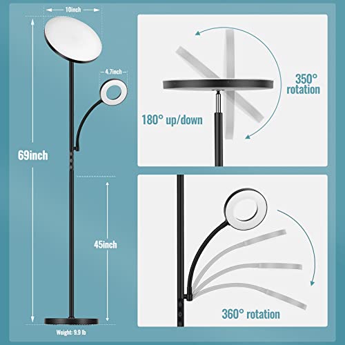 Floor Lamp,Upgraded 42W 3700LM Super Bright LED Torchiere Living Room Lamp with Adjustable Reading Light,Dimmable Modern Standing Lamp with Remote & Touch Control for Room Bedroom Office Floor Light