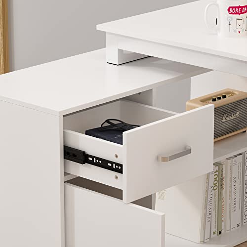 Homsee Home Office Computer Desk Corner Desk with 1 Drawer and 2 Shelves, 55 Inch Large L-Shaped Study Writing Table with Storage Cabinet, White (55.1" L x 41.3" W x 29.5" H)