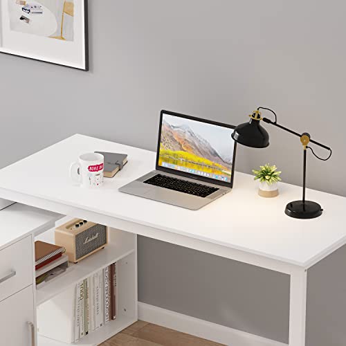 Homsee Home Office Computer Desk Corner Desk with 1 Drawer and 2 Shelves, 55 Inch Large L-Shaped Study Writing Table with Storage Cabinet, White (55.1" L x 41.3" W x 29.5" H)