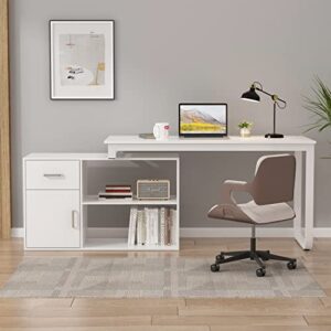 Homsee Home Office Computer Desk Corner Desk with 1 Drawer and 2 Shelves, 55 Inch Large L-Shaped Study Writing Table with Storage Cabinet, White (55.1" L x 41.3" W x 29.5" H)