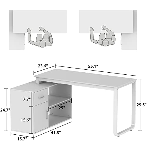 Homsee Home Office Computer Desk Corner Desk with 1 Drawer and 2 Shelves, 55 Inch Large L-Shaped Study Writing Table with Storage Cabinet, White (55.1" L x 41.3" W x 29.5" H)