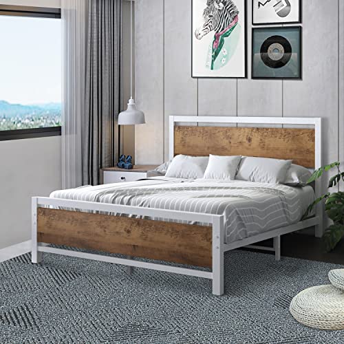 Catrimown Queen Bed Frame with Headboard White Queen Bed Frame with Heavy Duty Steel Slat Supports Metal Platform Bed Frame Queen Size Under Bed Storage Space, Queen Bed Frames No Box Spring Needed