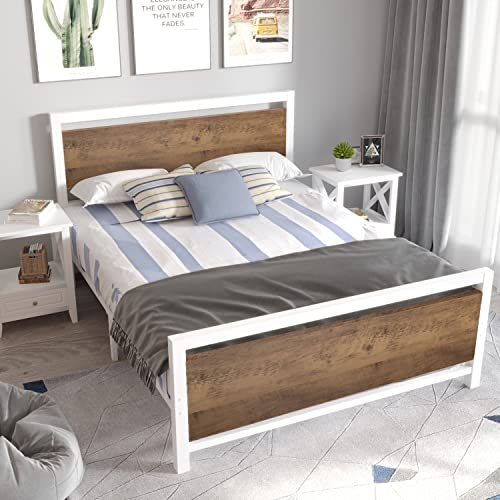 Catrimown Queen Bed Frame with Headboard White Queen Bed Frame with Heavy Duty Steel Slat Supports Metal Platform Bed Frame Queen Size Under Bed Storage Space, Queen Bed Frames No Box Spring Needed