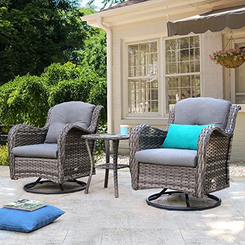 HAPLIFE 3 Pieces Patio Wicker Swivel Rocker Chairs with Side Table Rattan Outdoor Furniture Rocking Chair Set (Grey)