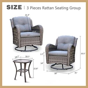 HAPLIFE 3 Pieces Patio Wicker Swivel Rocker Chairs with Side Table Rattan Outdoor Furniture Rocking Chair Set (Grey)