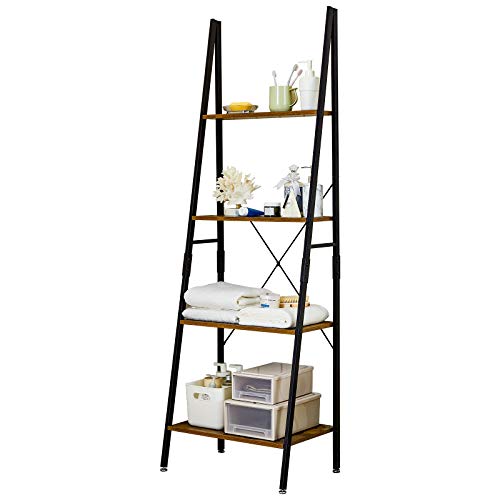 LINSY HOME Ladder Shelf, 4 Tier Bookshelf, Freestanding Storage Shelves with Steel Frame, Storage Rack Shelf for Office, Bathroom, Living Room, Rustic Wood Finished