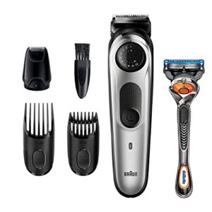 braun beard trimmer hair clippers for men, cordless & rechargeable, mini foil shaver with gillette proglide razor, black/silver, 6 piece set