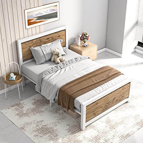 Bed Frame Twin Size with Headboard, Platform Bed Frame Twin with White Heavy Duty Steel Slats Support, Metal Twin Bed Frames No Box Spring Needed, Underbed Storage Space, Noise-Free, Rustic Brown