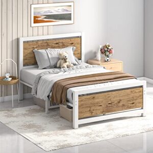 Bed Frame Twin Size with Headboard, Platform Bed Frame Twin with White Heavy Duty Steel Slats Support, Metal Twin Bed Frames No Box Spring Needed, Underbed Storage Space, Noise-Free, Rustic Brown