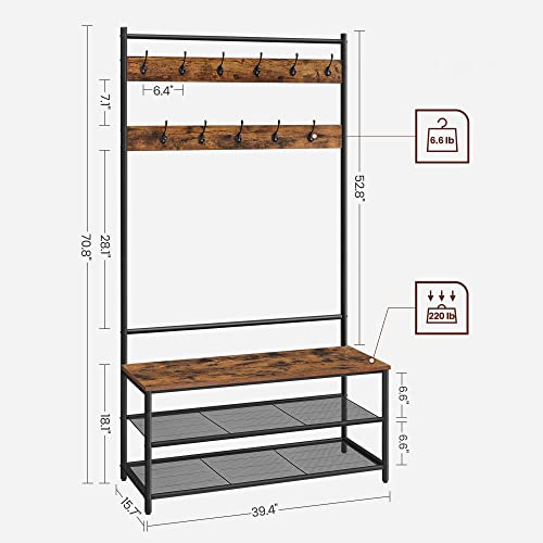 VASAGLE Hall Tree, Entryway Bench with Coat Rack, Hall Tree with Bench and Shoe Storage, 11 Hooks, Adjustable Shelves, Hallway Bedroom Dorm Apartment, Rustic Brown and Black UHSR410B01