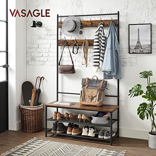 VASAGLE Hall Tree, Entryway Bench with Coat Rack, Hall Tree with Bench and Shoe Storage, 11 Hooks, Adjustable Shelves, Hallway Bedroom Dorm Apartment, Rustic Brown and Black UHSR410B01