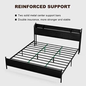 IKIFLY California King Bed Frame with Storage Shelf Headboard & Charging Station - Industrial Metal and Wood Cal King Platform Bed with LED Lights, No Noise, No Box Spring Needed - Black