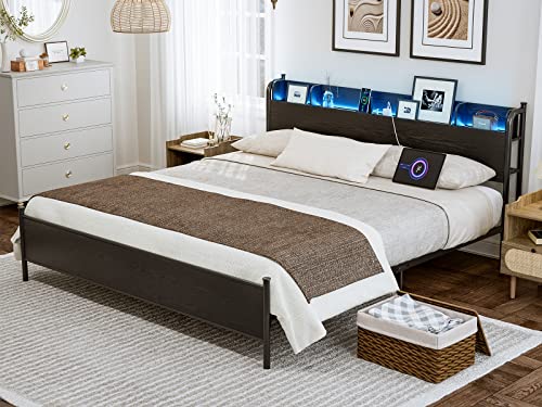 IKIFLY California King Bed Frame with Storage Shelf Headboard & Charging Station - Industrial Metal and Wood Cal King Platform Bed with LED Lights, No Noise, No Box Spring Needed - Black